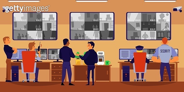 Cartoon people in security room talking and looking at surveillance ...