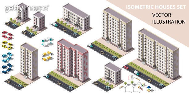 Public residential buildings isometry set. Isometric view of the house ...