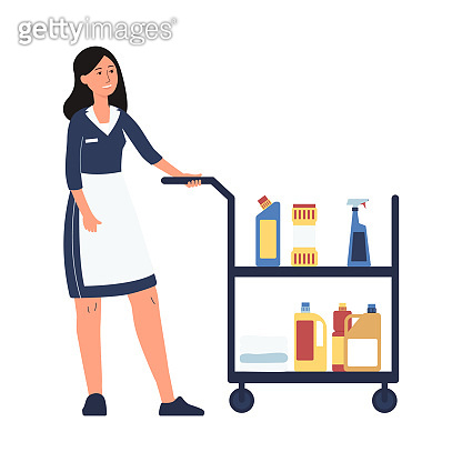 Hotel room service worker - cartoon cleaner woman in maid uniform with ...