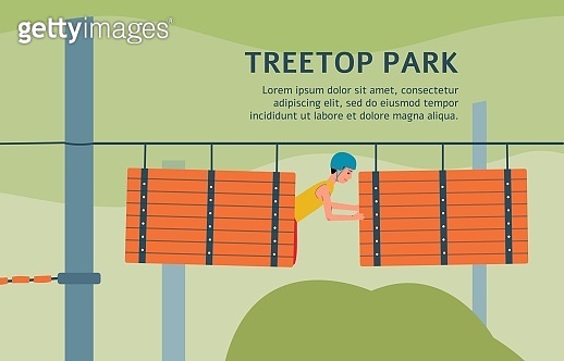 Treetop rope park banner template with cartoon man on obstacle course ...
