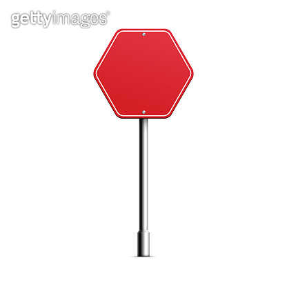 Red hexagonal road sign board mockup, realistic vector illustration ...
