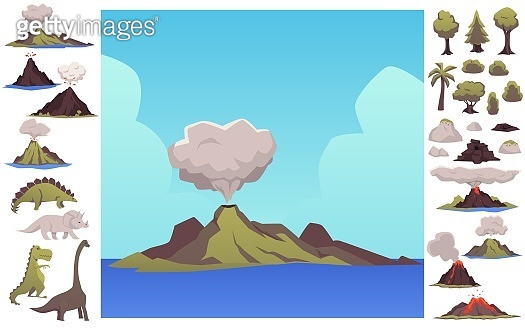 Prehistoric earth icons with dinosaurs and volcano flat vector ...