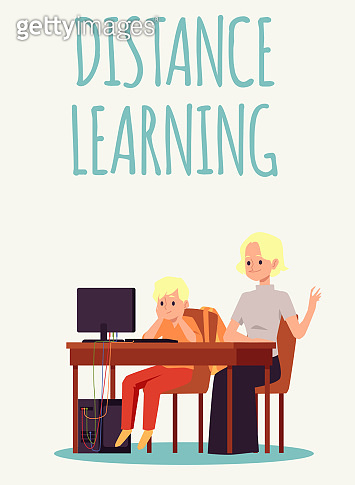 Distance learning with schoolchildren behind laptop, flat vector ...