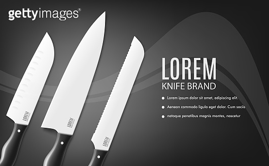 Kitchen knife ad poster with realistic metal knives and text ...