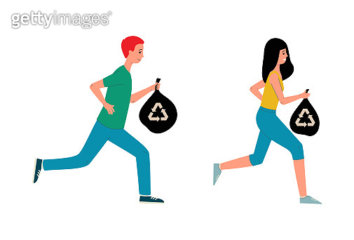 Plogging couple running with black trash bags with recycling symbol 이미지 ...