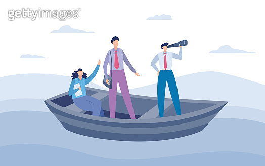 Business people and leader with spyglass sailing on boat a vector ...