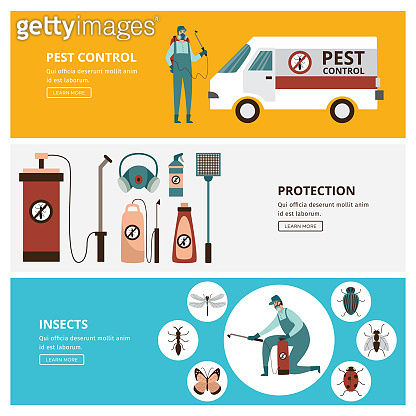Pest and insects control banners or flyers set flat vector illustration ...