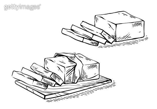 Hand drawn sketch slice of butter on the wooden broad 이미지 (1291373939 ...