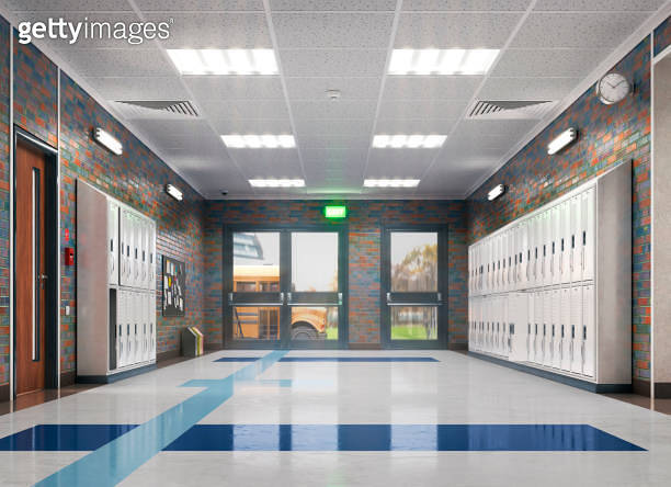 School corridor with exit door. 3d illustration 이미지 (1270417596) - 게티이미지뱅크