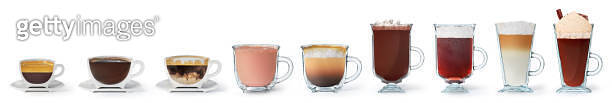 Set of vertical cut of cups with coffee drink. Espresso, americano ...