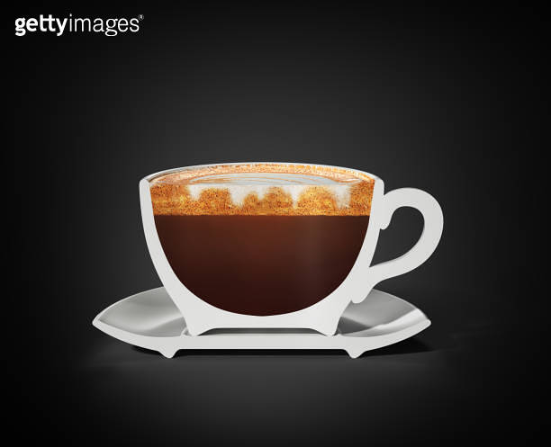 Half a cup of macchiato. Vertical cut of cup with macchiato. 3d ...