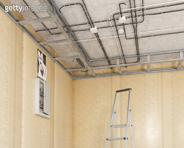 Stretch ceilings profile frames with electrical wiring on ceiling, 3d ...