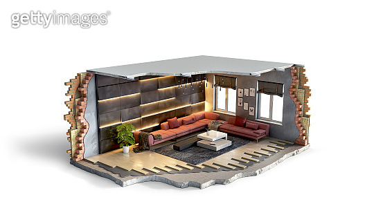 Cross section of cozy modern living room, 3d illustration (1249140286 ...
