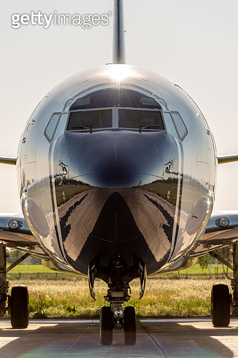 Front view of black aircraft cabin. The passenger plane ready to take ...