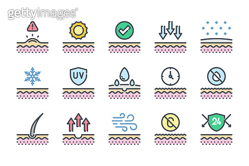Skin related color line icon set. Skin protection colorful linear icons ...
