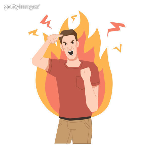 Aggressive man screams, shows gestures of rage, burns with anger, fire ...
