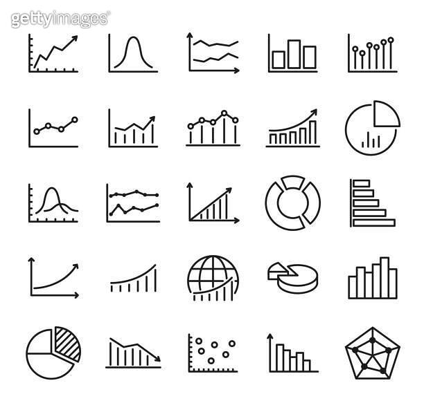 Graphs and diagram outline vector icons isolated on white background ...