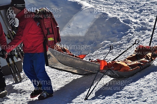 Rescue sleds outside the Rescue Base Ready for Emercency, in the alps ...