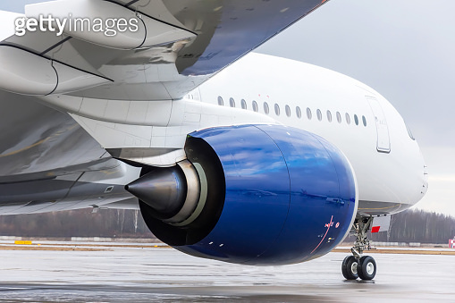 Under wing, aircraft engine and fuselage nose, and front landing gear ...
