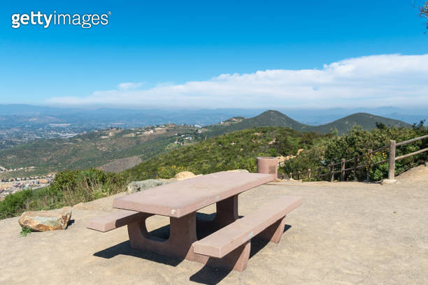Resting area with bench on the top of the Double Peak Park in San ...