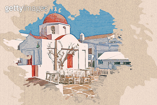 Color pencil drawing of Mykonos Island landmarks of Greece . 이미지 ...