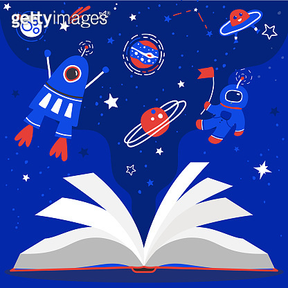 Outer space, cosmos, book, blue vector print. Learning, dreaming ...