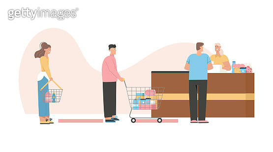 Customers standing in line keep social distance at cashier desk 이미지 ...