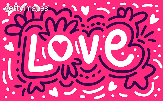 Vector romantic illustration of word love in frame on pink color ...