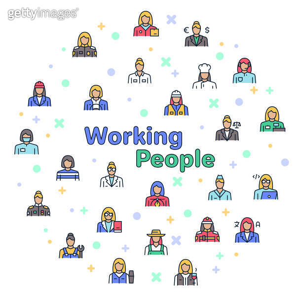 Vector color linear icon round set of working people 이미지 (1225654060 ...