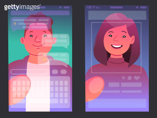 People looking at their smartphones. The view from the phone screen ...