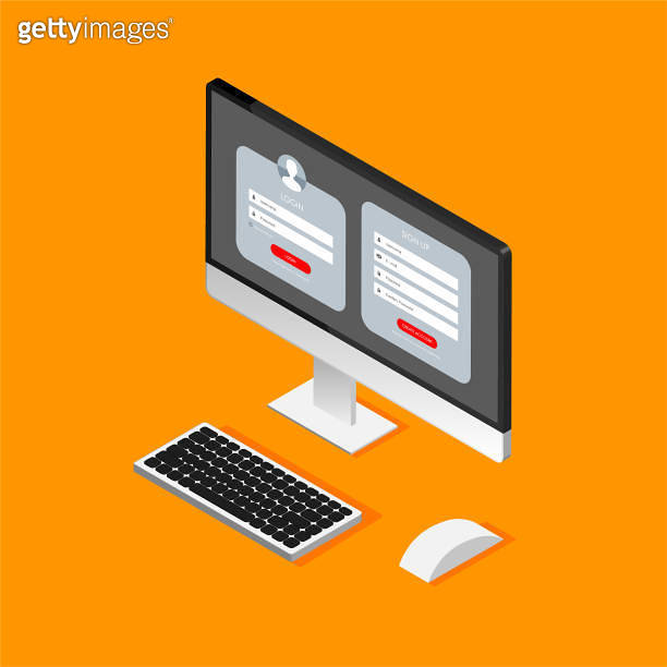 Registration form and login form page on isometric computer display ...