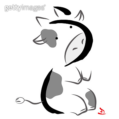 Illustration of a Holstein cow sitting.Japanese characters are "cow" in ...