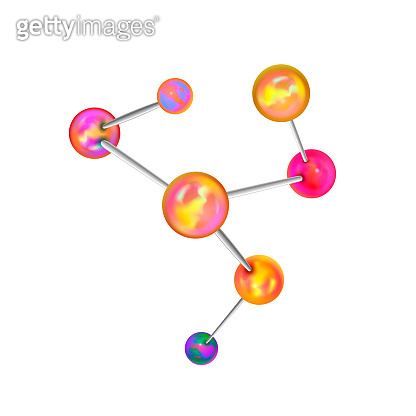 Colorful chemical structure with atomic bonds in hexagon shape on white ...