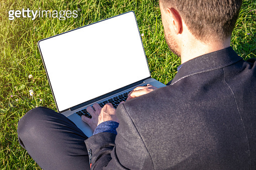 man online work outside. Laptop, computer business technology. Student ...