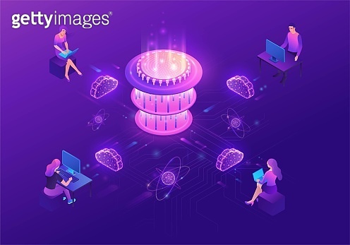 Quantum computer futuristic processor, chip with network, people work ...