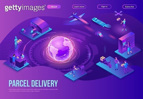 Global delivery service landing page, illustration with a process of ...