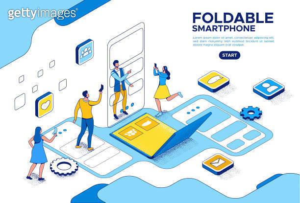 Foldable phone isometric concept with people using flexible smartphone ...