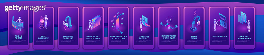 Robotic process automation mobile app template set with robots working ...