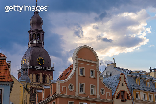 The charming cathedral square in the old town of Riga, Latvia. Founded ...