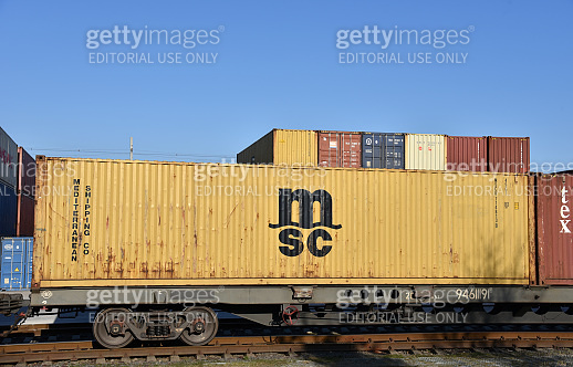 International Container Terminal. Cargo sea containers MSC on freight ...