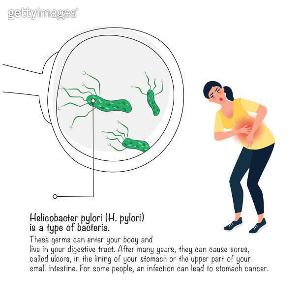 Enlarged Helicobacter pylori bacteria under a magnifying glass. The ...