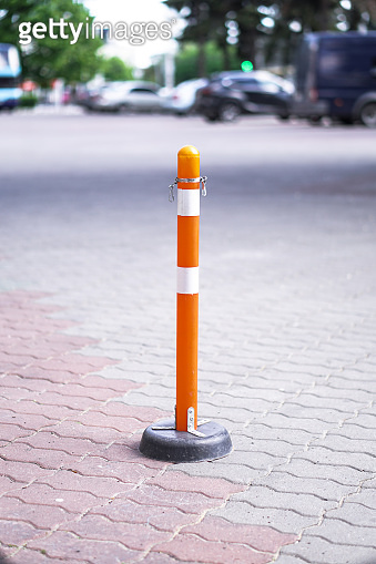 Warning sign on a road restricting traffic. A chip prohibiting travel ...
