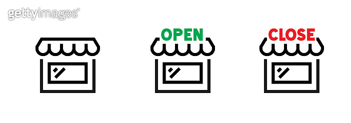 Set of stylized store buildings with and without signs icons. Editable ...