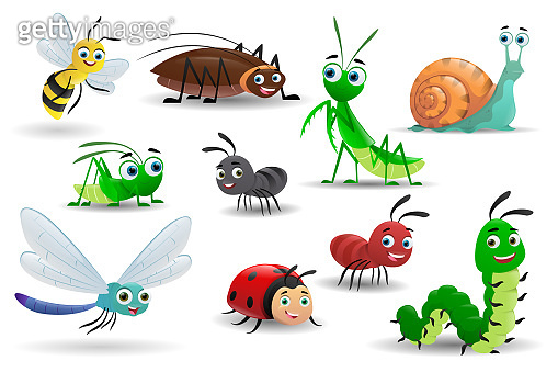 Set of cartoon insects on white background. Bee, worm, snail, butterfly ...