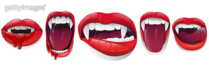 Vampire mouth with fangs ob white background. Red lips with long ...