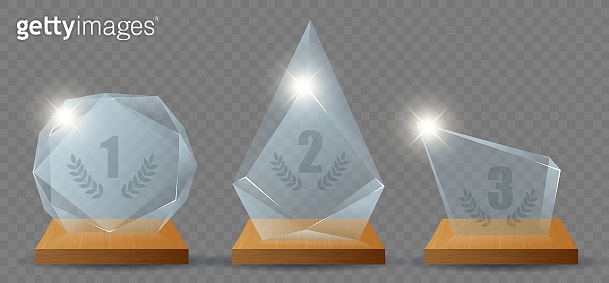 Glass award templates, clear glass trophy reward. Realistic isolated ...