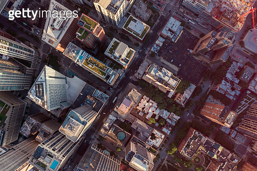 Overhead aerial view of Chicago Downtown skyscrapers. Urban grid with ...