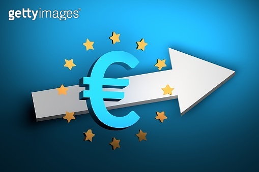 Large bold blue euro sign with golden stars (1196118653) - 게티이미지뱅크