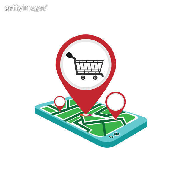 Shopping Cart Symbol With Navigation Location Map Pin Icon 이미지 ...