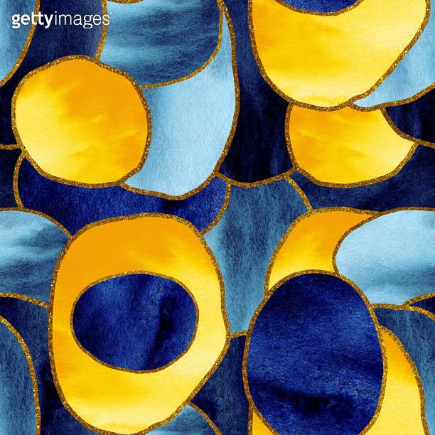 Seamless pattern with abstract blue and yellow spots and circles. Hand ...